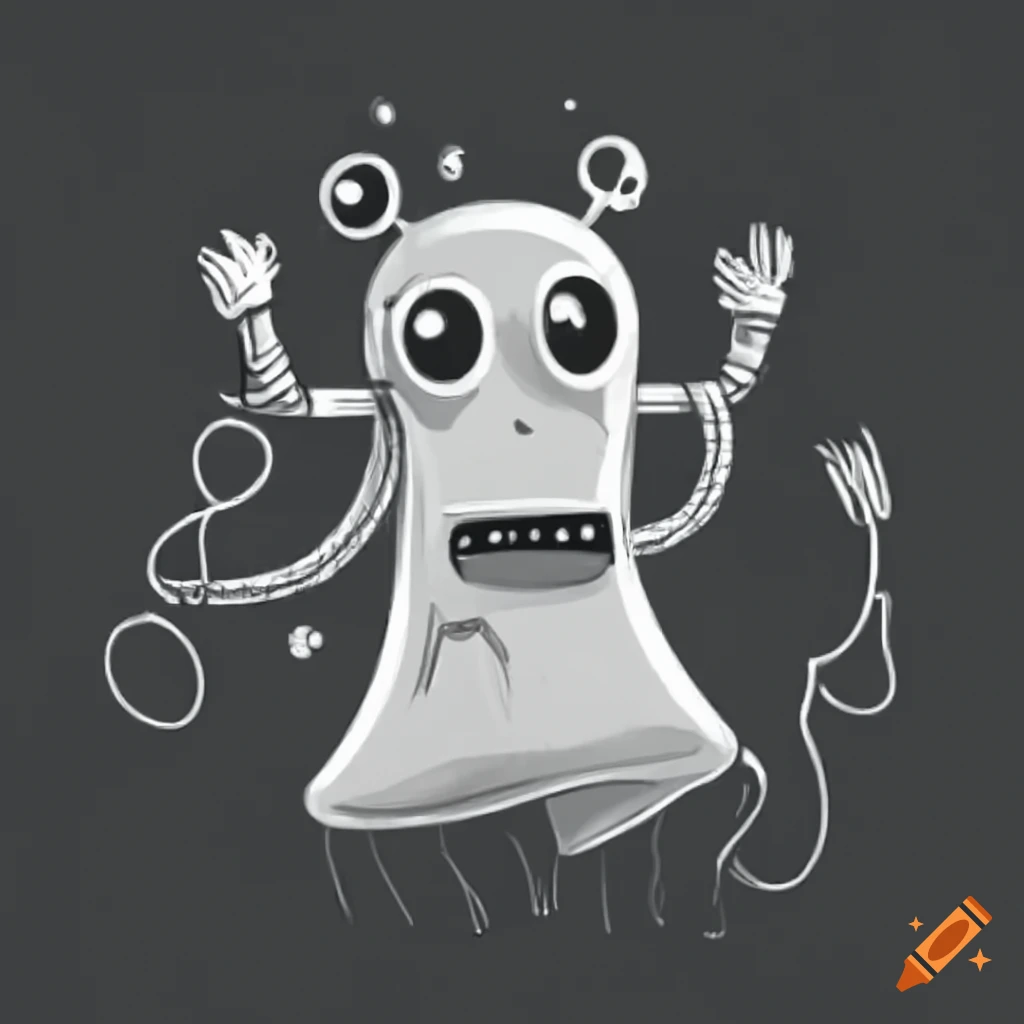 Cute cartoon robot ghost dancing with metal arms