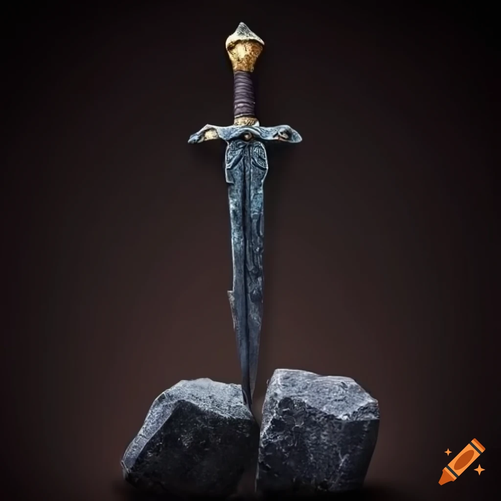 Image of a mystical sword on dark basalt on Craiyon