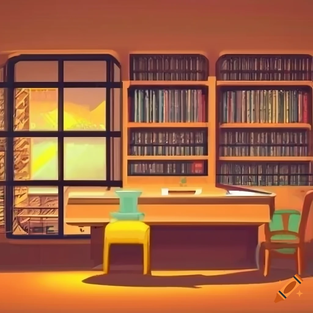 Kids animated cartoon, office setting with tall cabinets, cool tones ...