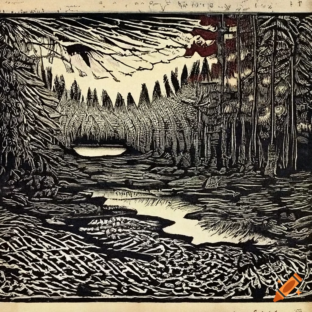 Woodcut print of The Demons of Eden on Craiyon