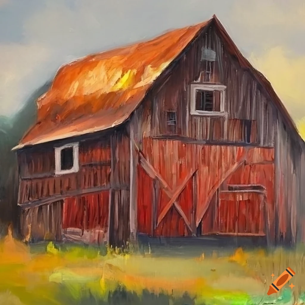 Oil painting of a brown barn on a farm on Craiyon