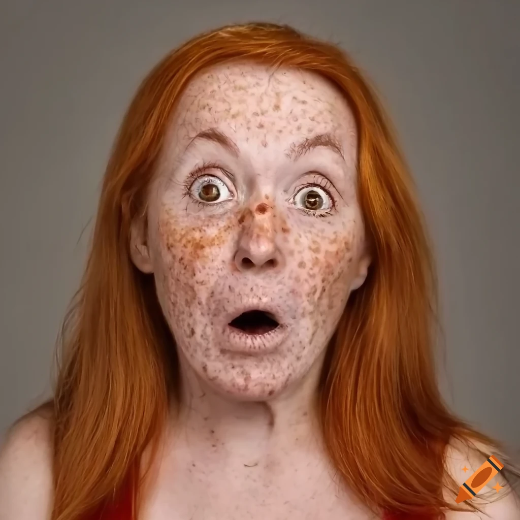 Portrait of a surprised redhead woman with freckles on Craiyon