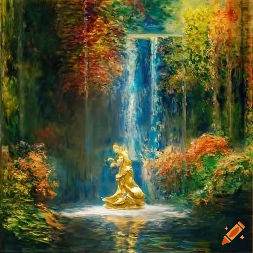 Monet-inspired artwork of angel statues in a victorian garden on Craiyon