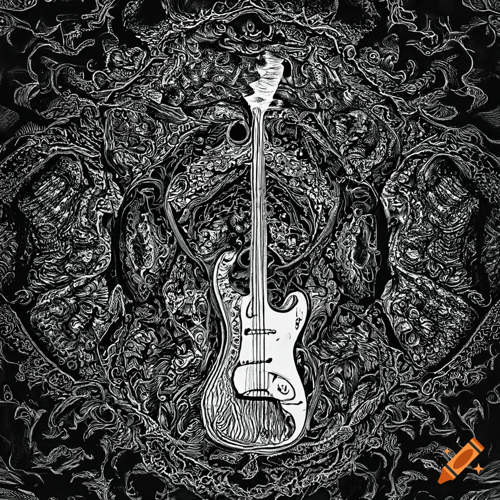 Detailed ink drawings of electric guitars in monochrome style on Craiyon