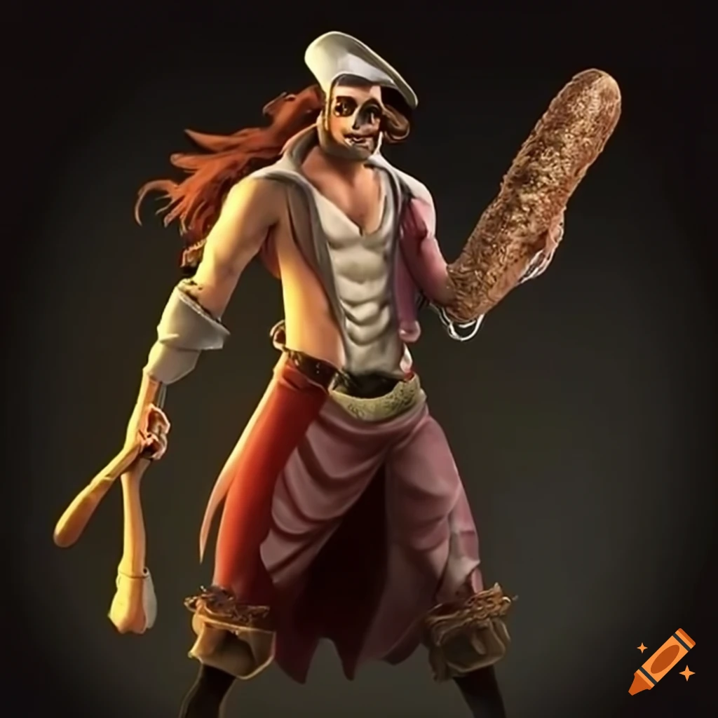 Detailed illustration of a fierce pirate holding a baguette