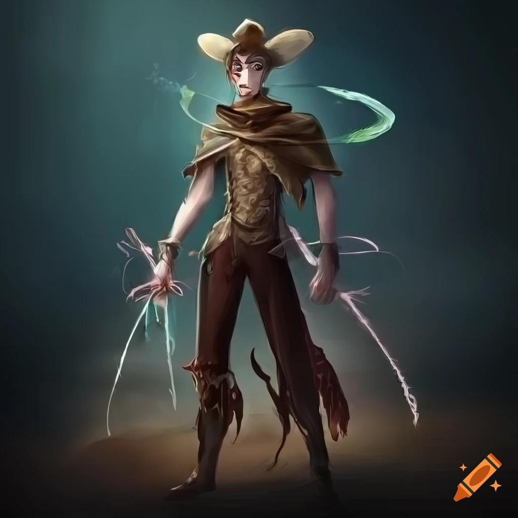 Illustration of a male Fairy cowboy with grey hair and gold eyes on Craiyon