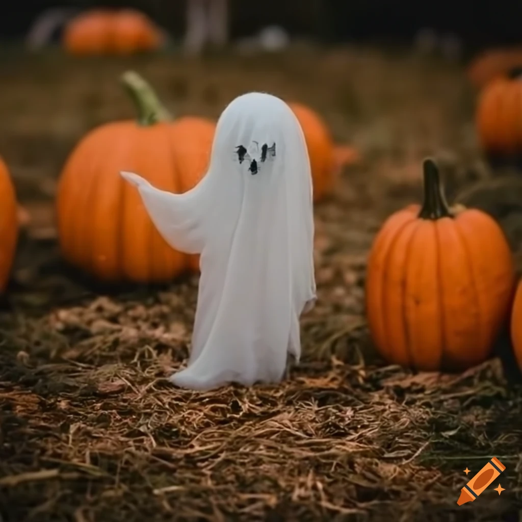 Cute sheet ghost in a pumpkin patch on Craiyon