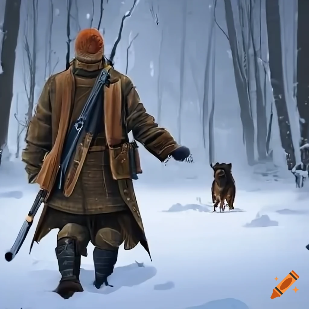 Hunter with bow hunting birds in winter landscape on Craiyon