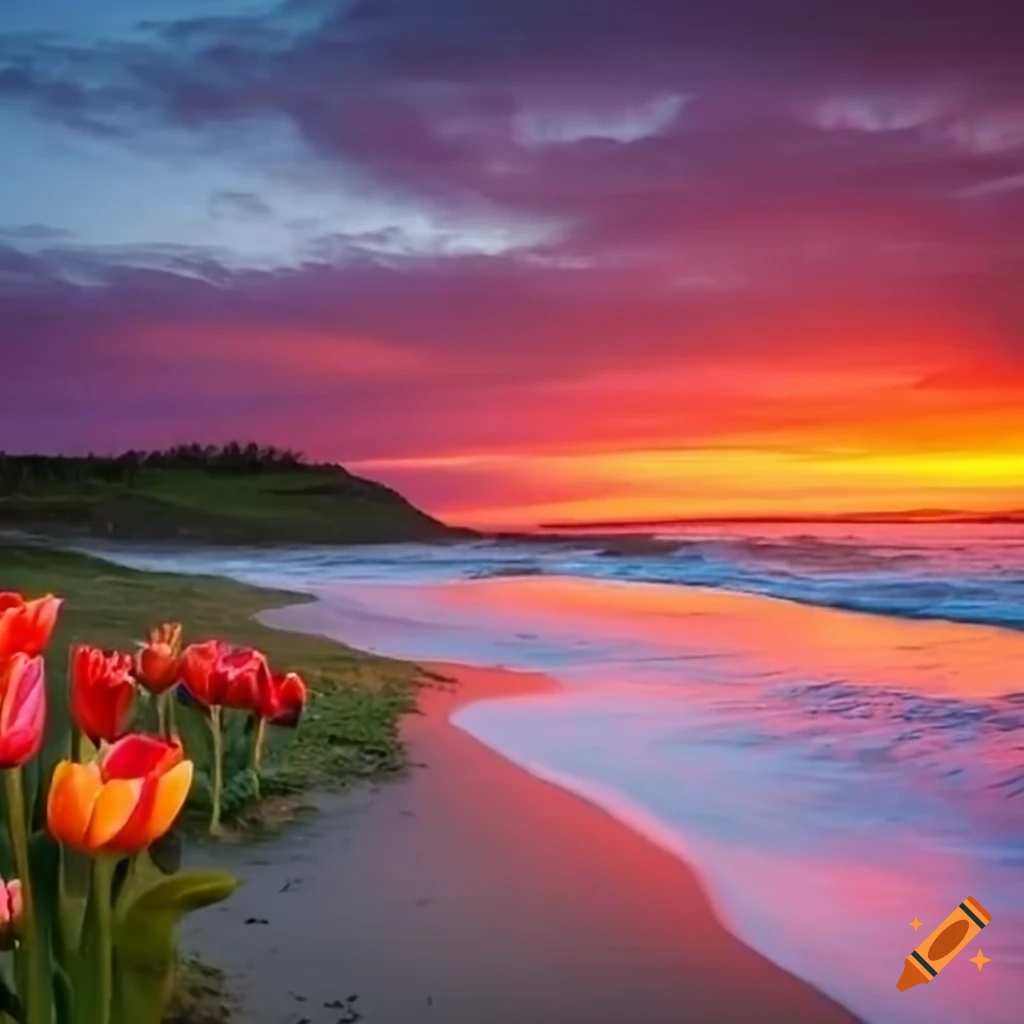Vibrant Ocean Waves With Wildflowers At Sunrise vibrant-ocean-waves-with-wildflowers-at-sunrise