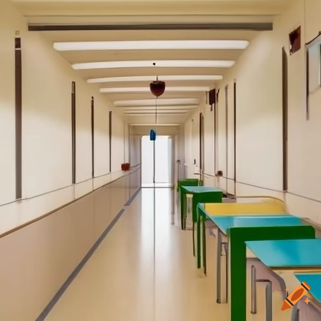 School corridor with classrooms and hall on Craiyon