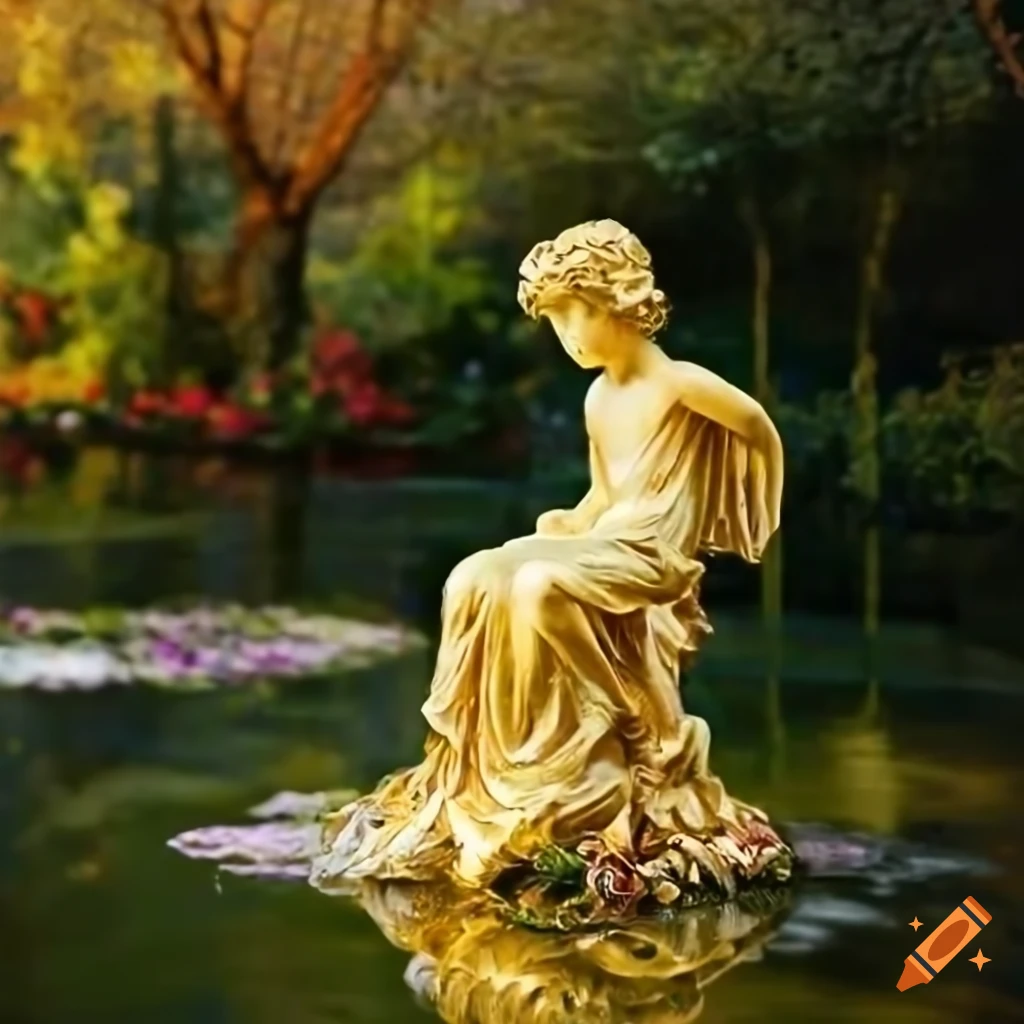Painting of a Victorian garden with angel statues and a pond on Craiyon
