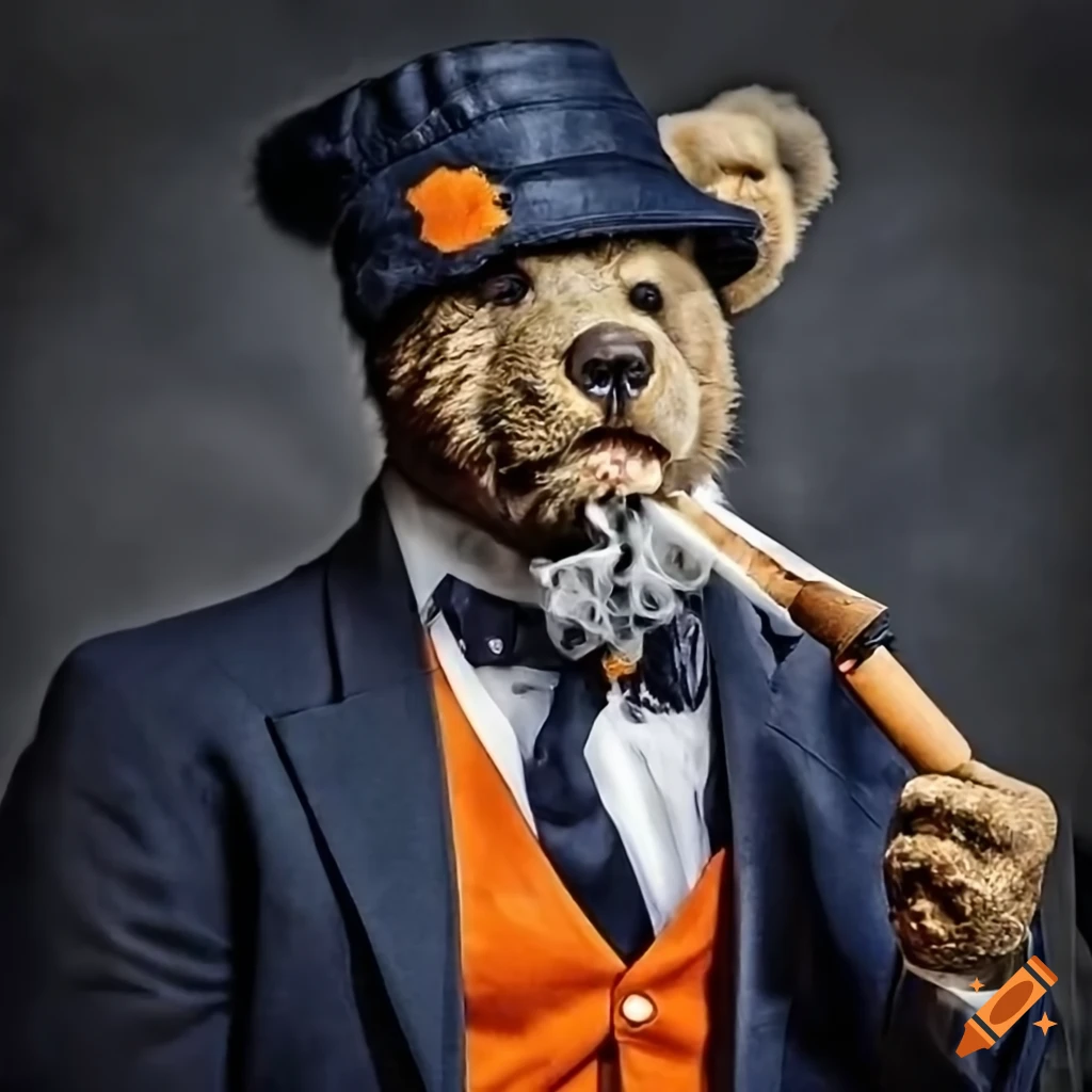 Grizzly bear in a suit and hat smoking a cigar on Craiyon