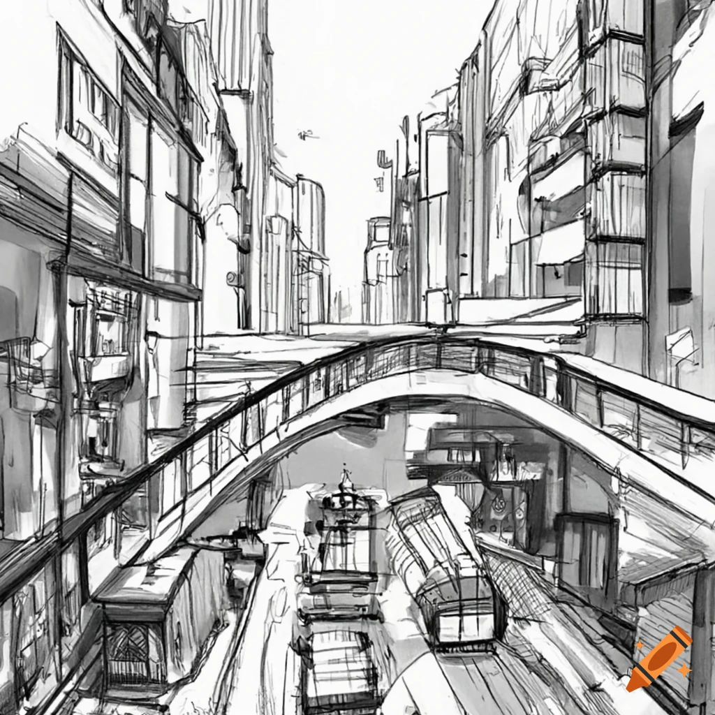 Detailed sketch of a busy city on Craiyon