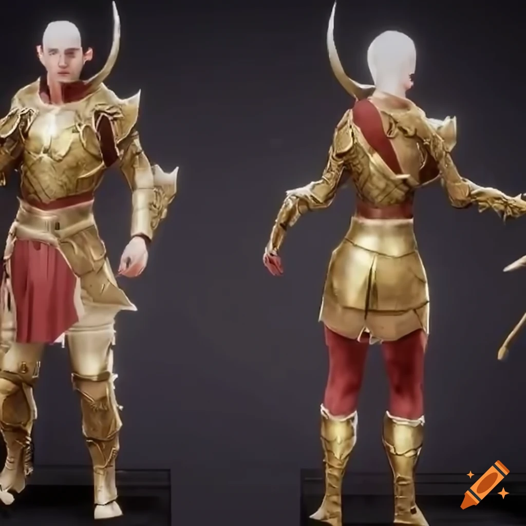 Image of a pale-skinned elf man with red ponytail and golden-red armor ...