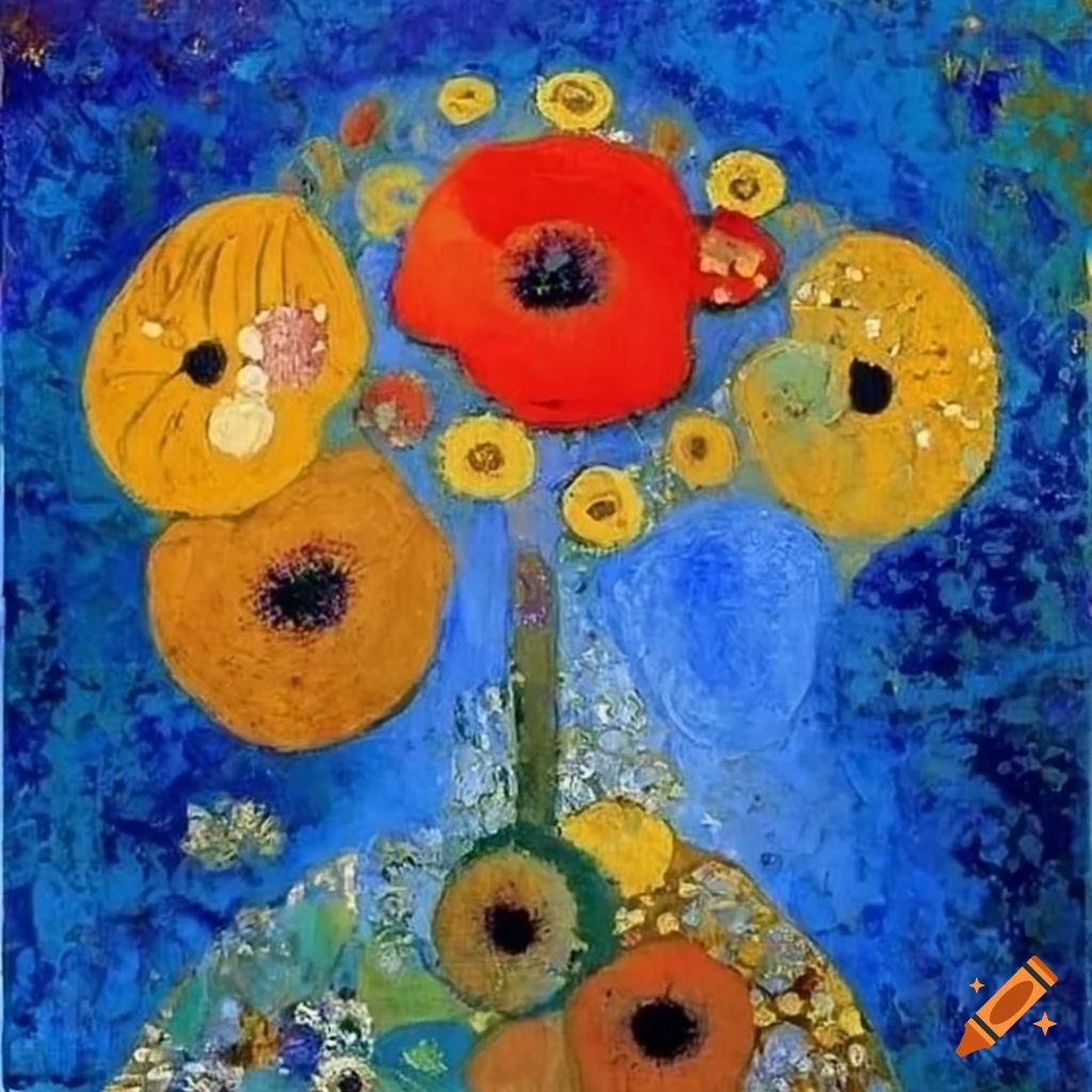 Abstract art with squares in blue and poppies on Craiyon