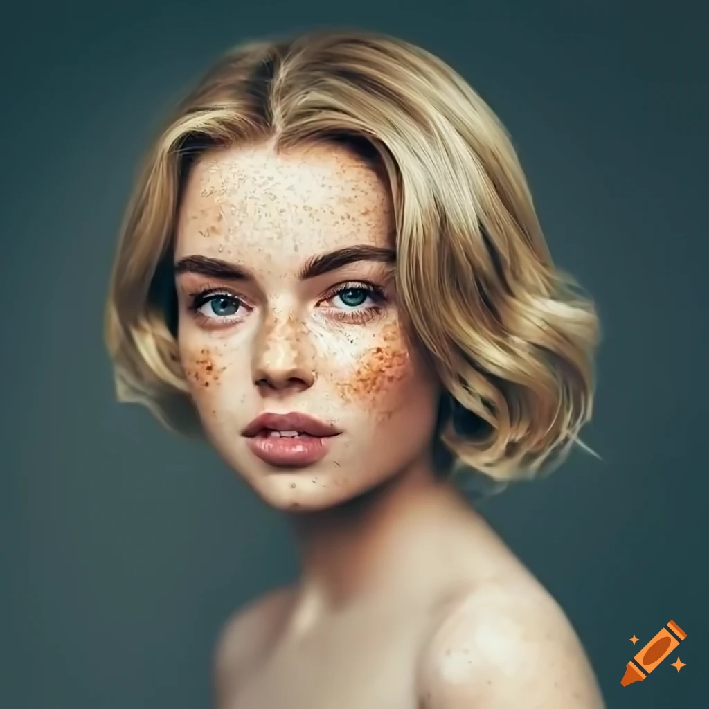 Portrait of a young woman with a shy smile and freckles