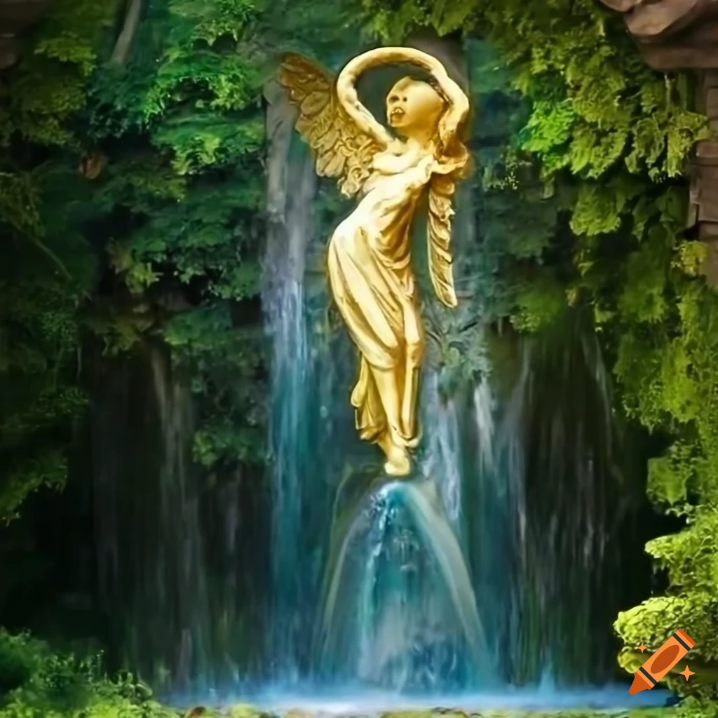 Painting of a Victorian garden with angel statues and a pond on Craiyon