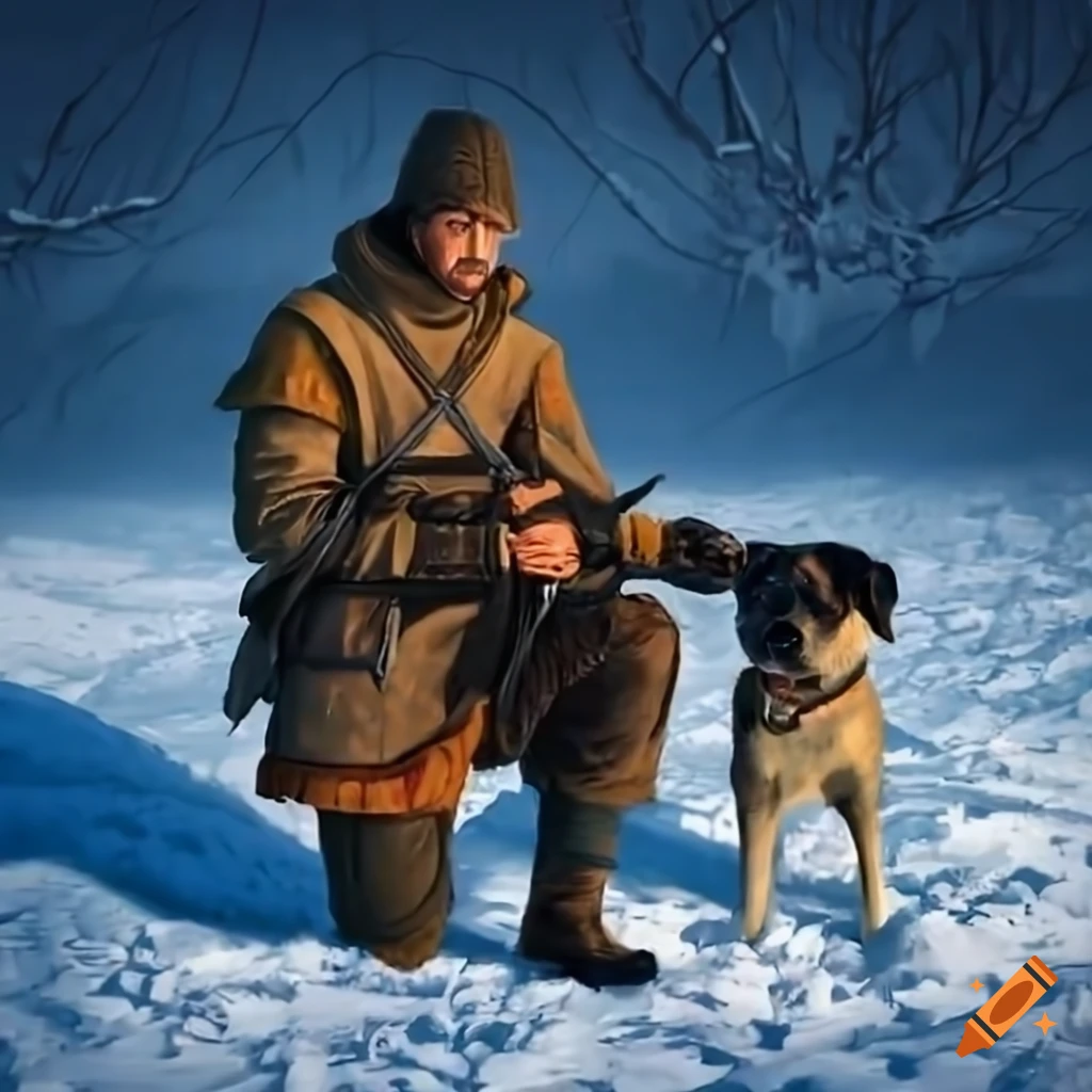 Ultra realistic depiction of a hunter with his dog in a snowy ...