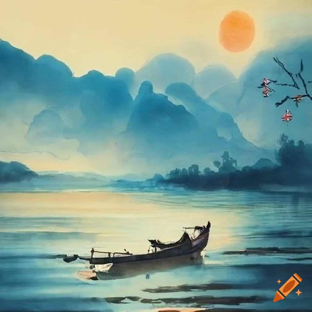 Chinese Ink Painting Of A Peaceful Mountain And Boat On A Lake On Craiyon