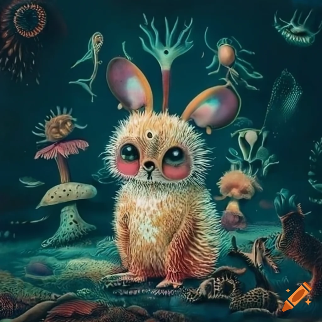 Haeckel cute animals in a volcanic earthscape on Craiyon