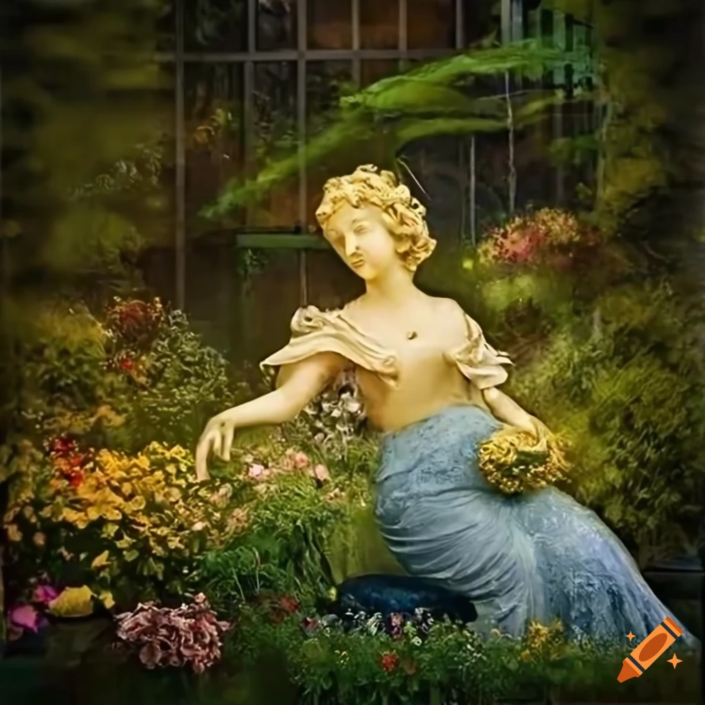 Victorian garden painting with gold angel statues on Craiyon
