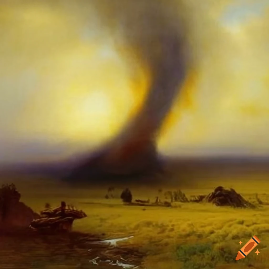 Oil painting of a Cyclone on a Prairie in Albert Bierstadt style on Craiyon