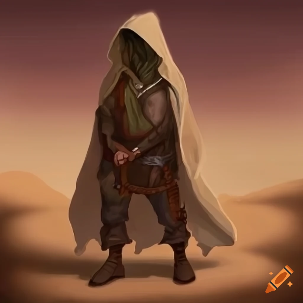 Artwork of a cloaked halfling walking in the desert on Craiyon