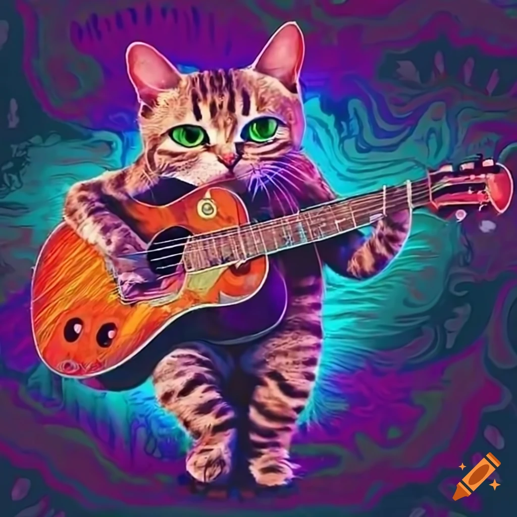 Psychedelic cat playing guitar on Craiyon