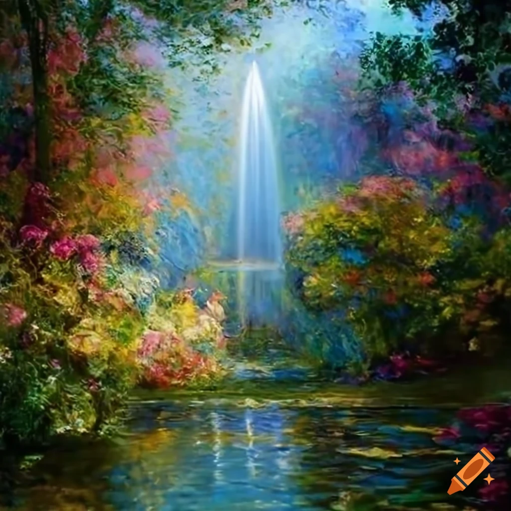 Monet-inspired painting of a Victorian garden with angel statues on Craiyon