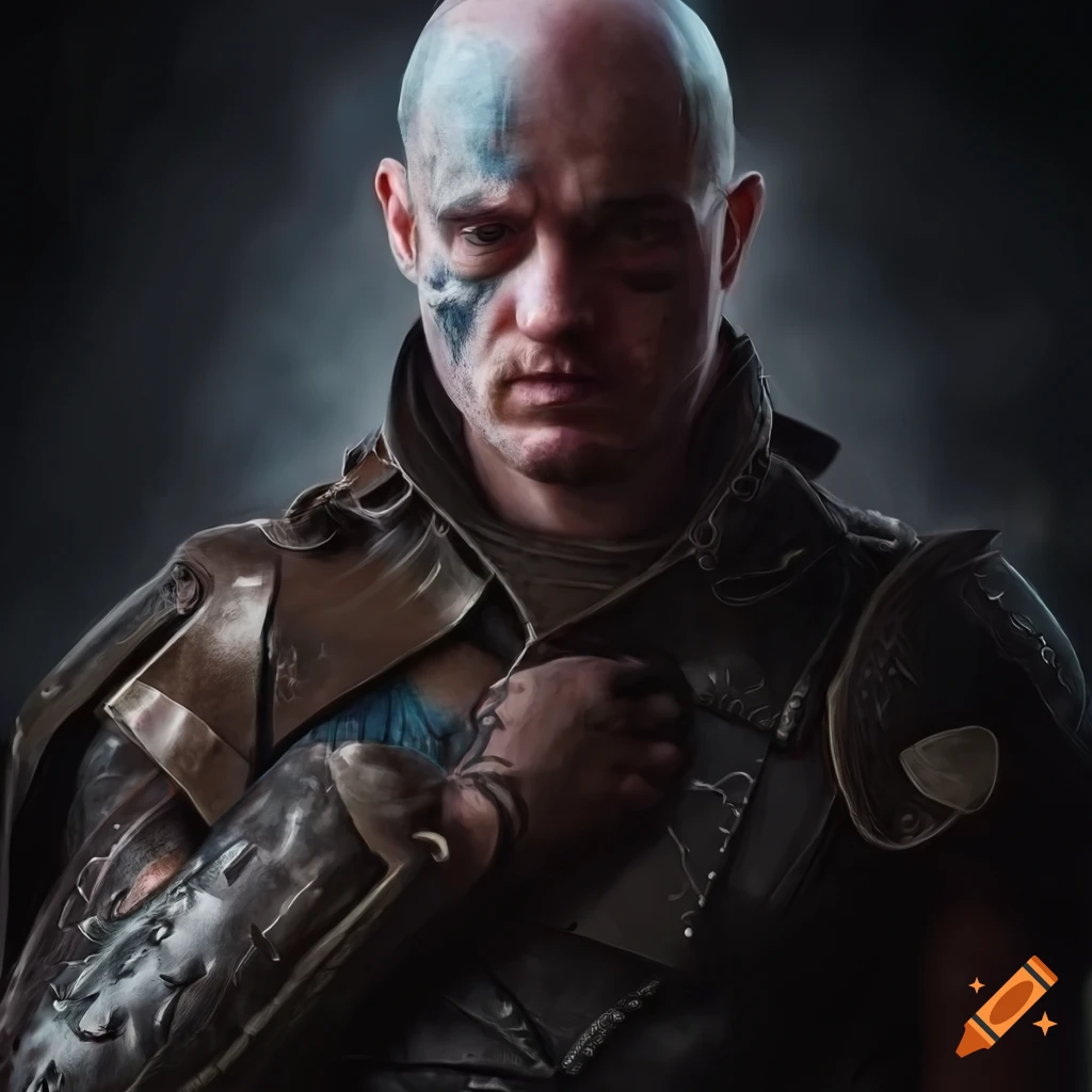 Portrait of a muscular bald man with a violet forehead tattoo on Craiyon