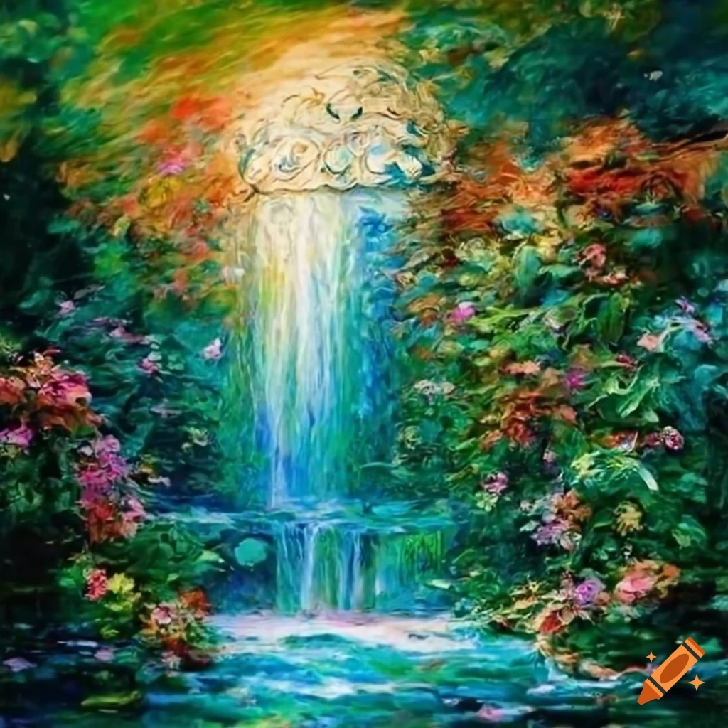 Painting of a victorian garden with angel statues and a waterfall on ...