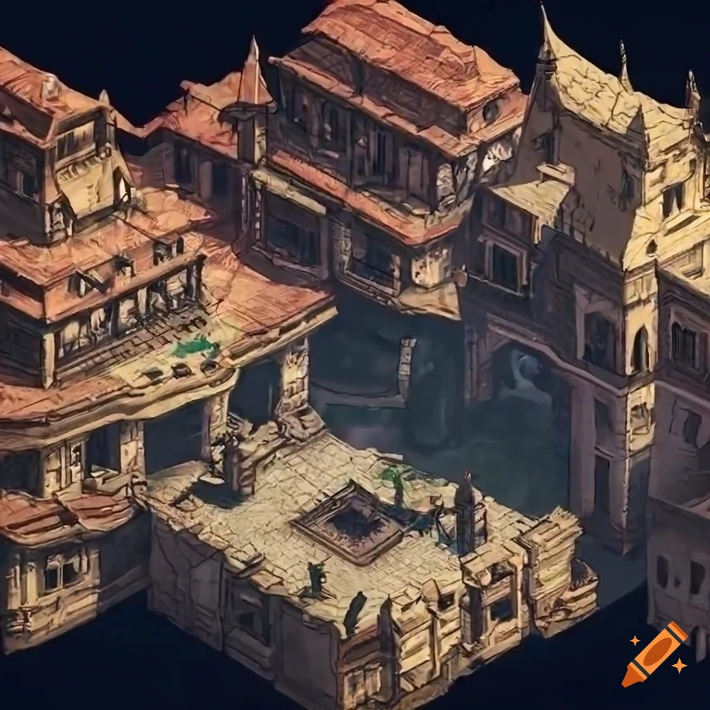 Isometric concept art of a detailed fantasy adventure map on Craiyon