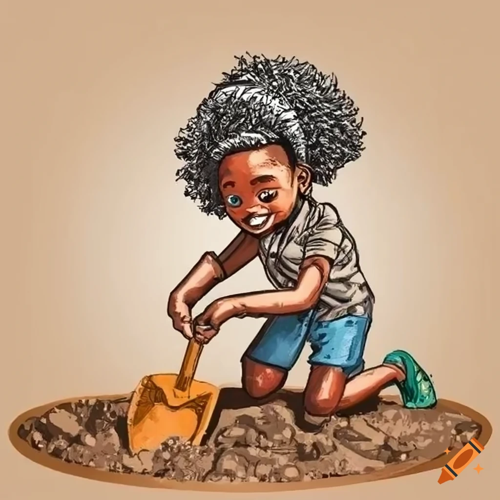 Kenyan child digging for fossils on Craiyon