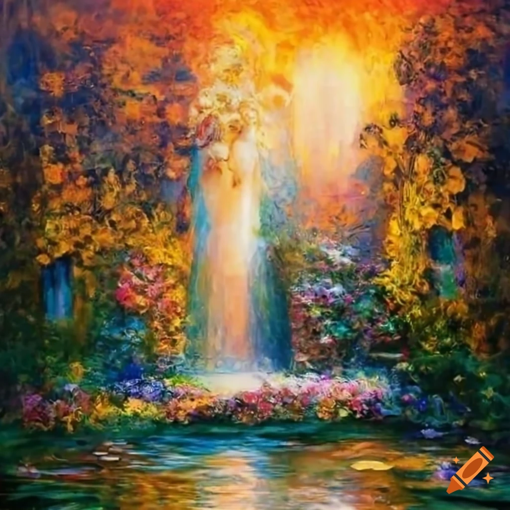Monet-inspired painting of a Victorian garden with gold angel statues ...