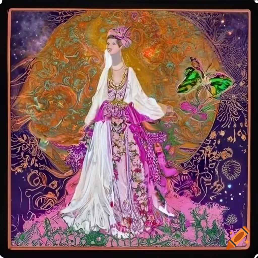 Art depiction of persephone surrounded by cosmic flowers and ...