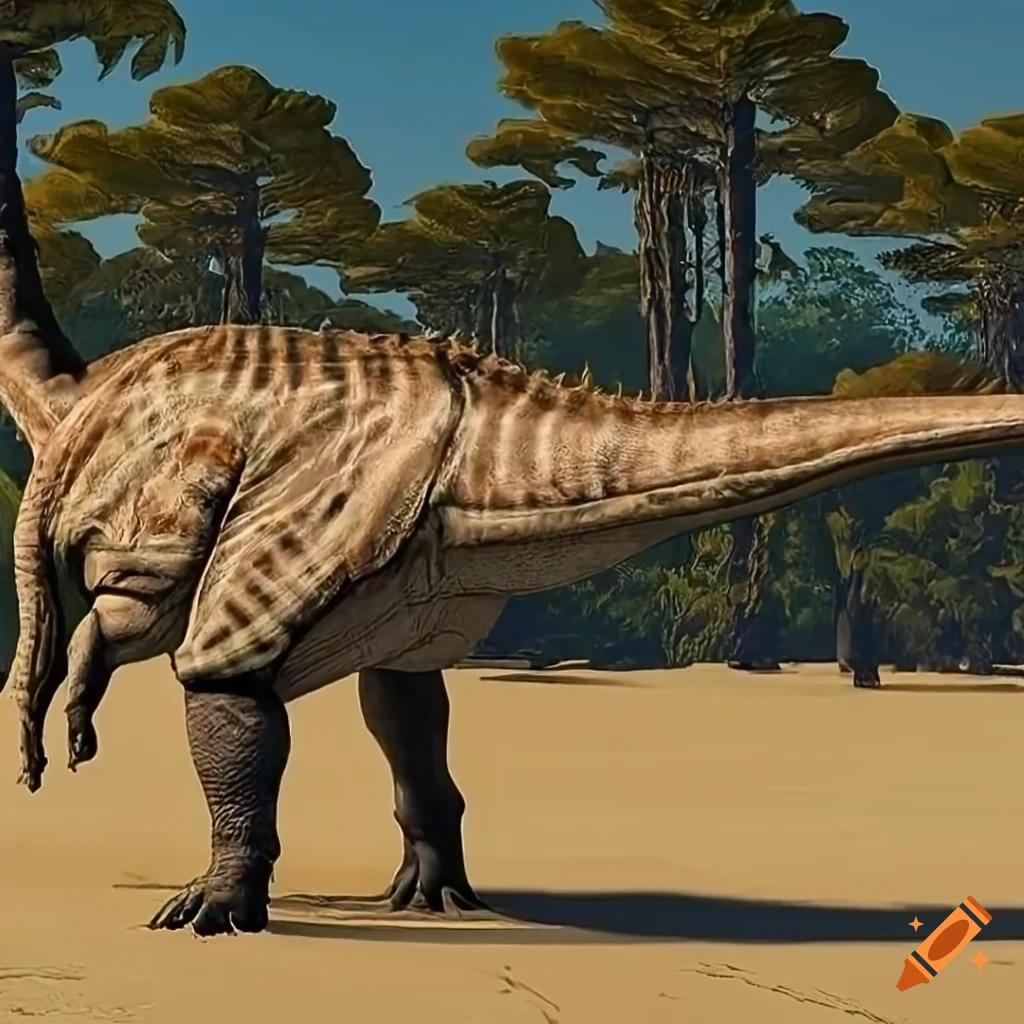 Image of a colorful hadrosaur dinosaur in warm morning light on Craiyon