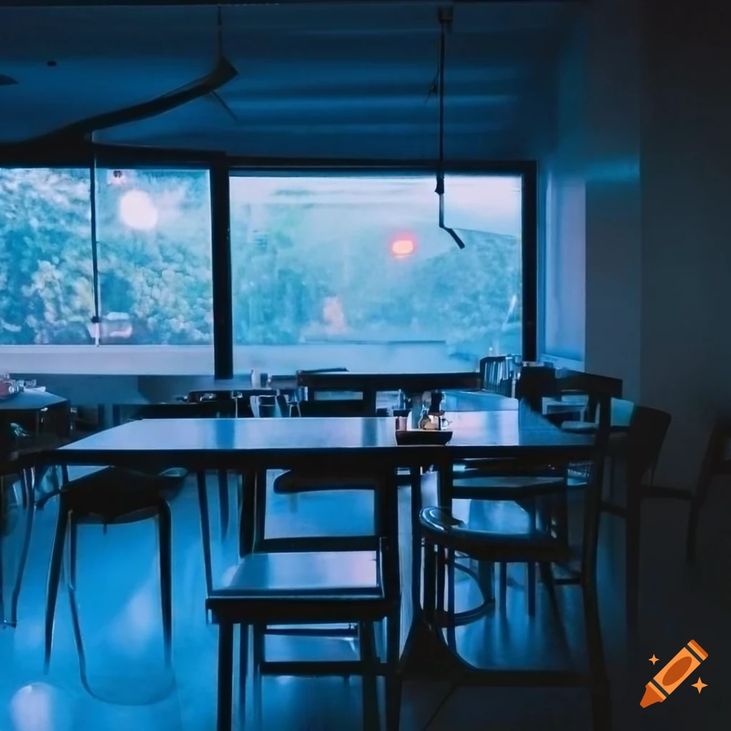 Polaroid photo of an empty restaurant at sunset