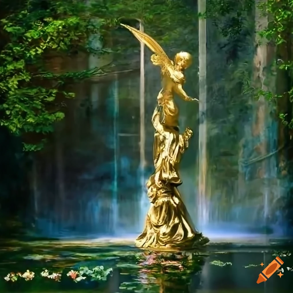 Viktorian garden with gold angel statues and tall glass windows on Craiyon