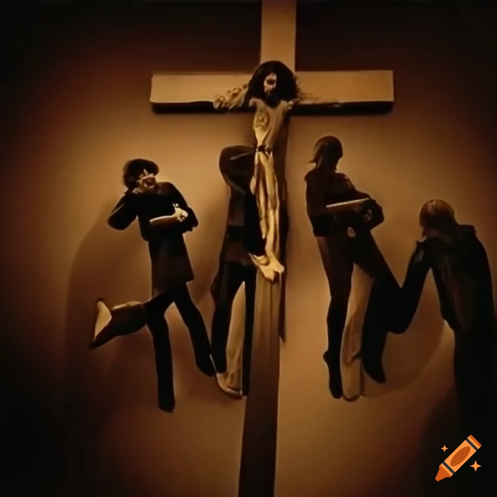 Artistic representation of the beatles at jesus' cross on Craiyon