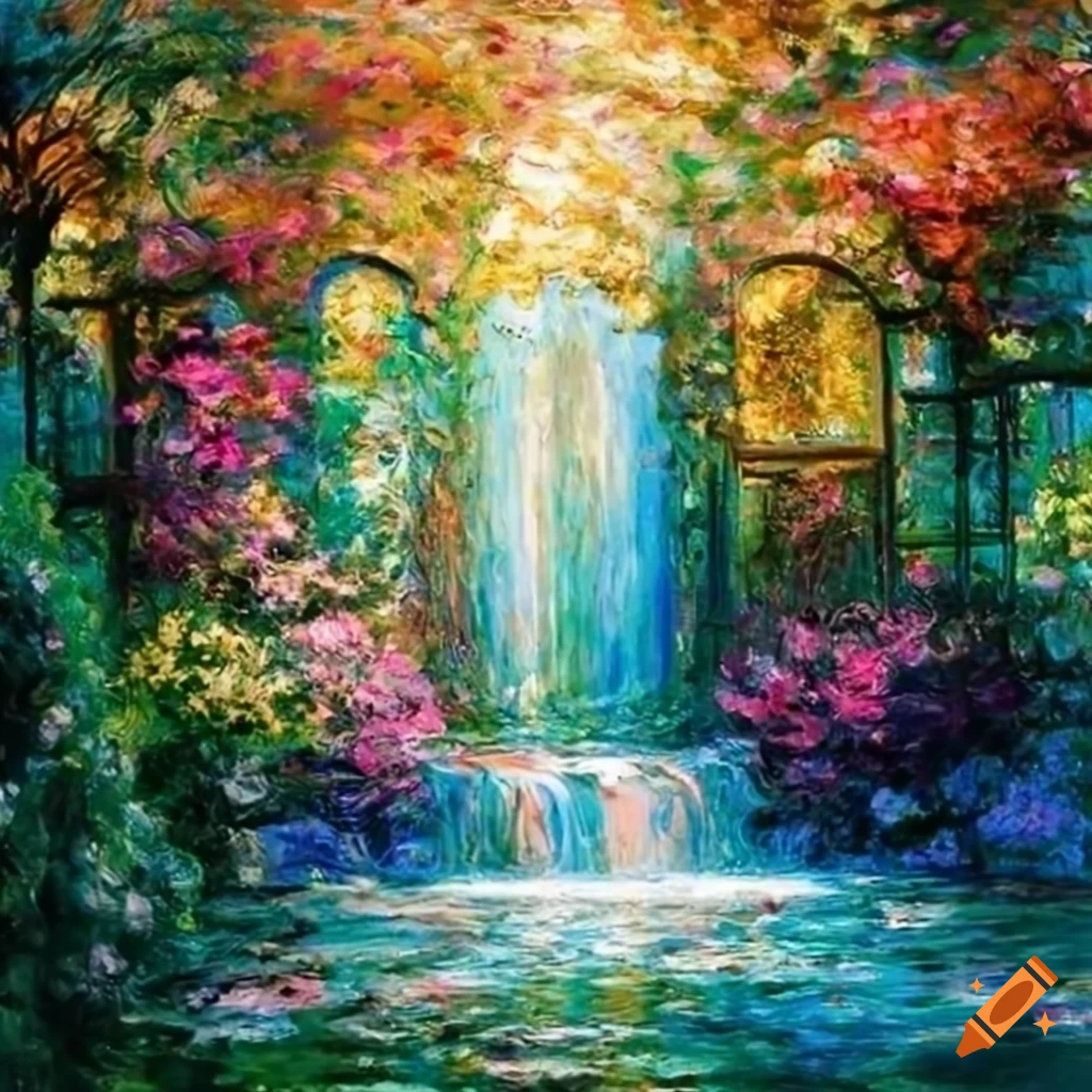 Monet-inspired painting of a garden with statues and a pond on Craiyon