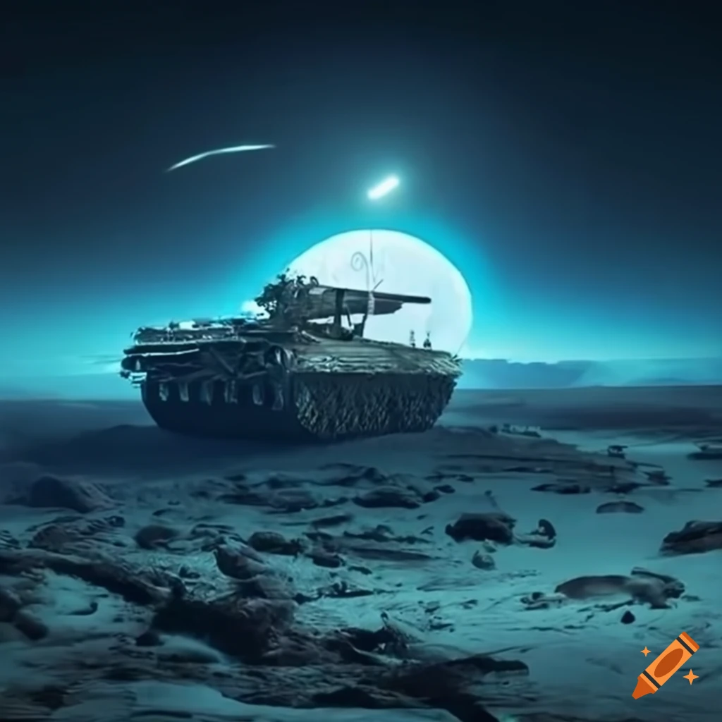 Image of a tracked vehicle exploring an alien world on Craiyon