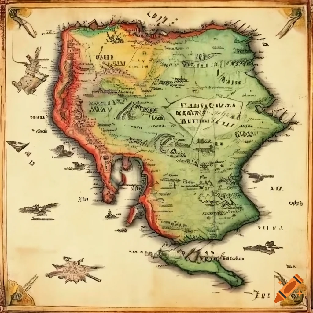 Medieval map of a fictional continent on Craiyon