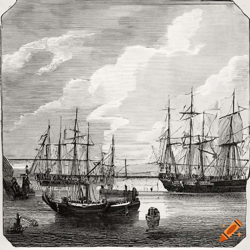 19th century engraving of a harbor with ships on Craiyon