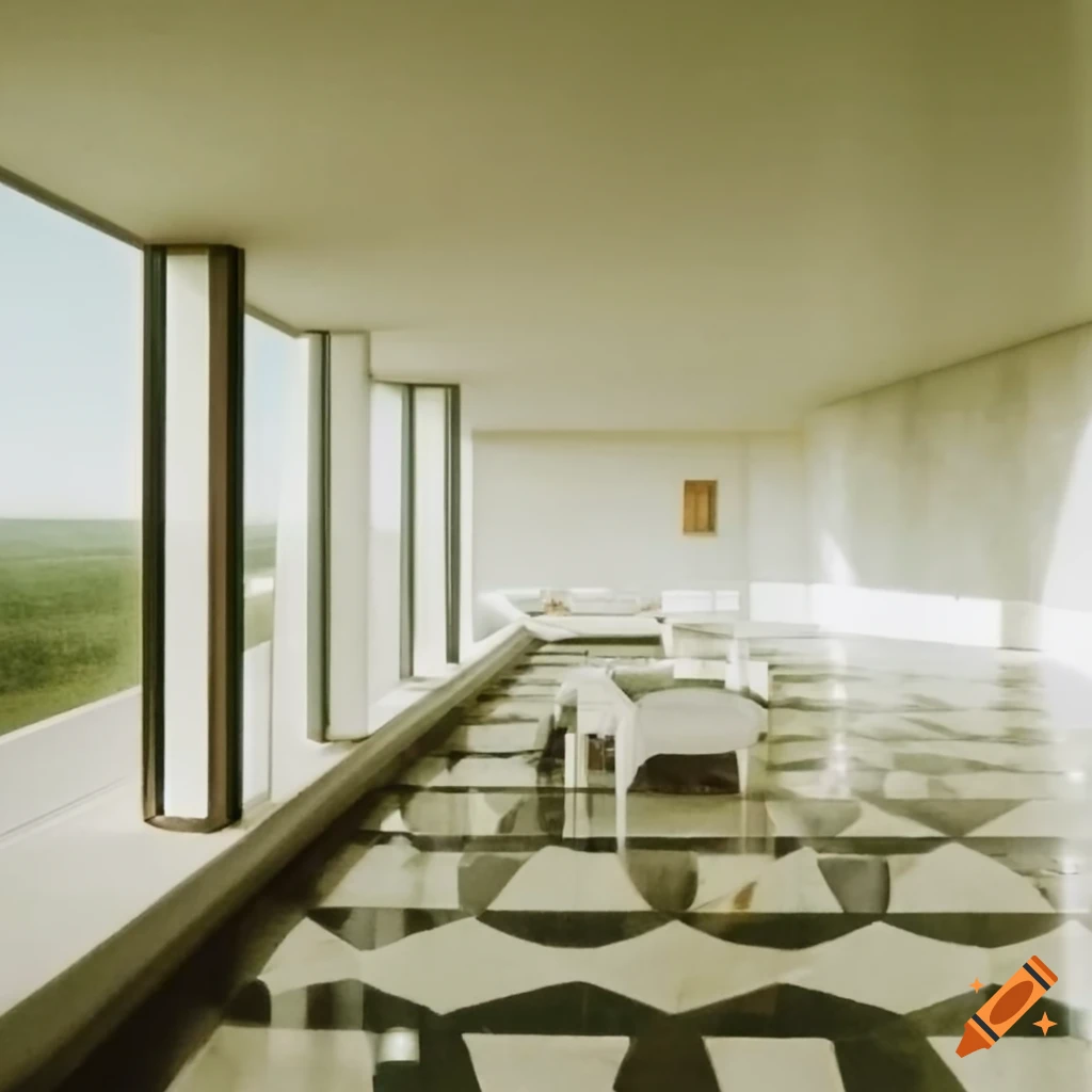 Golden hour interior of a modernist hotel lobby on Craiyon