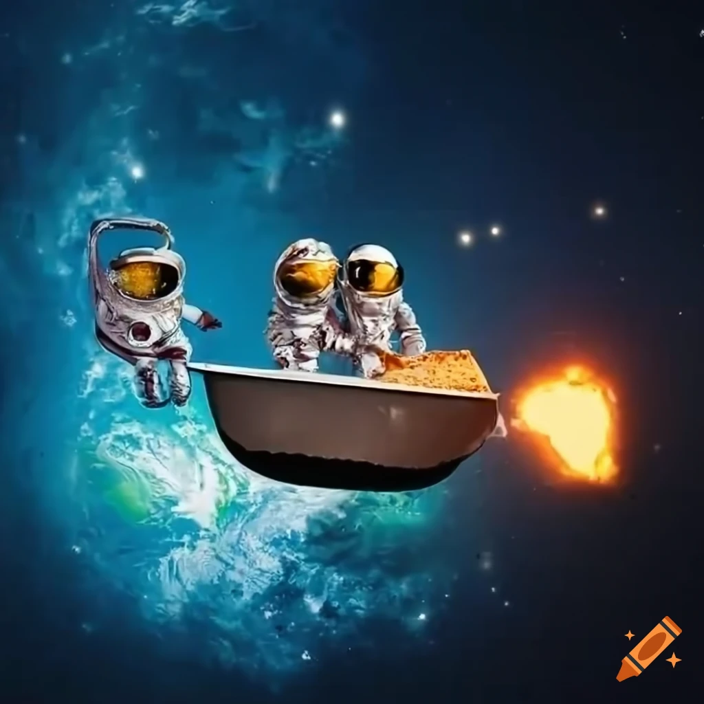 Toddlers in space grating cheese into a frying pan