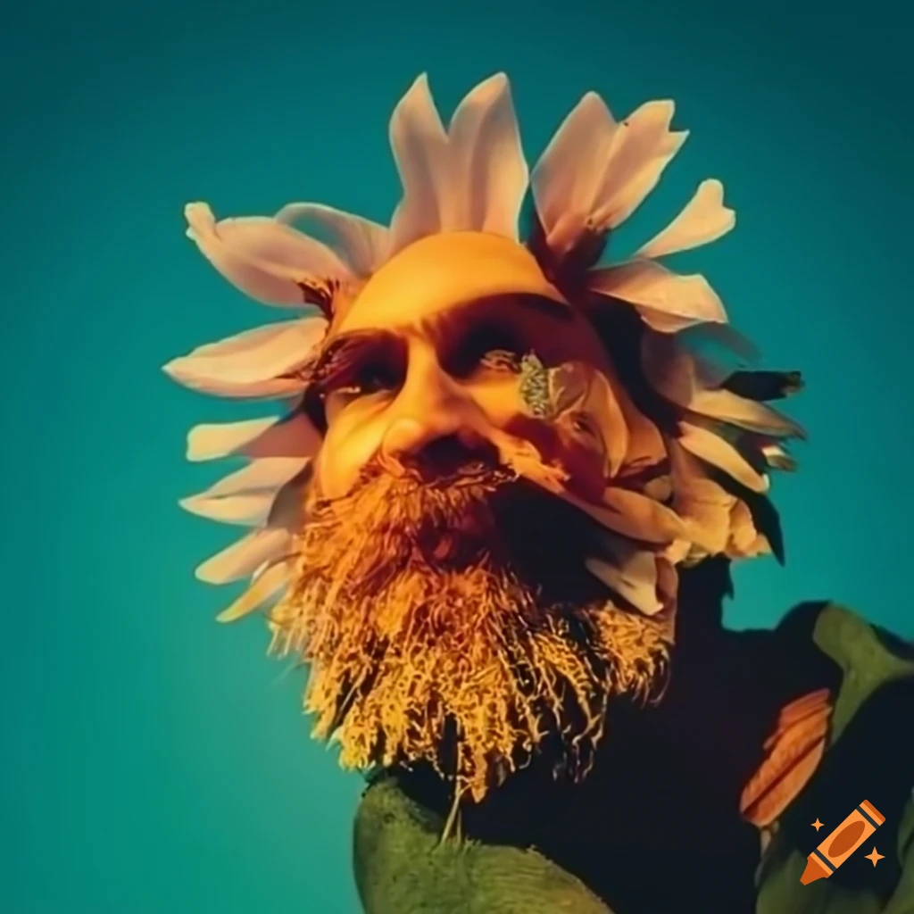 Artistic depiction of a flower with a beard-faced center on Craiyon