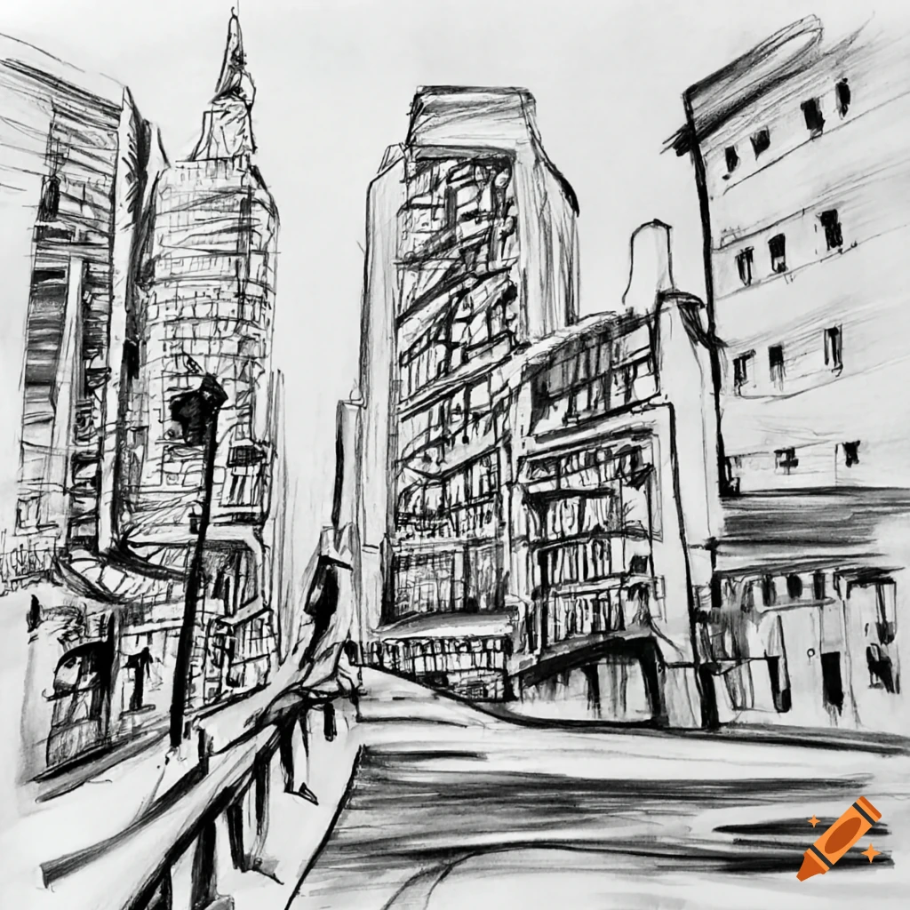 Detailed sketch of a busy city on Craiyon