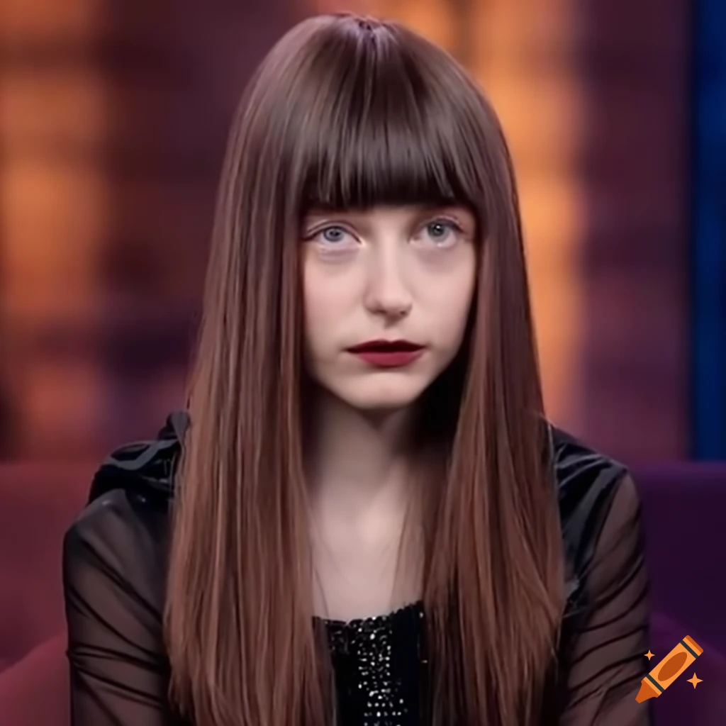 Mia goth getting bangs trimmed on a talk show on Craiyon