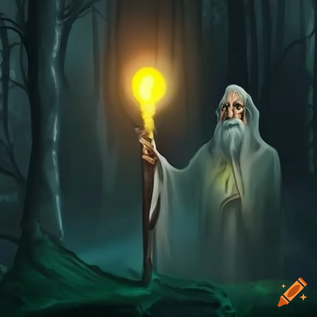 Wizard holding a glowing wand in a forest on Craiyon