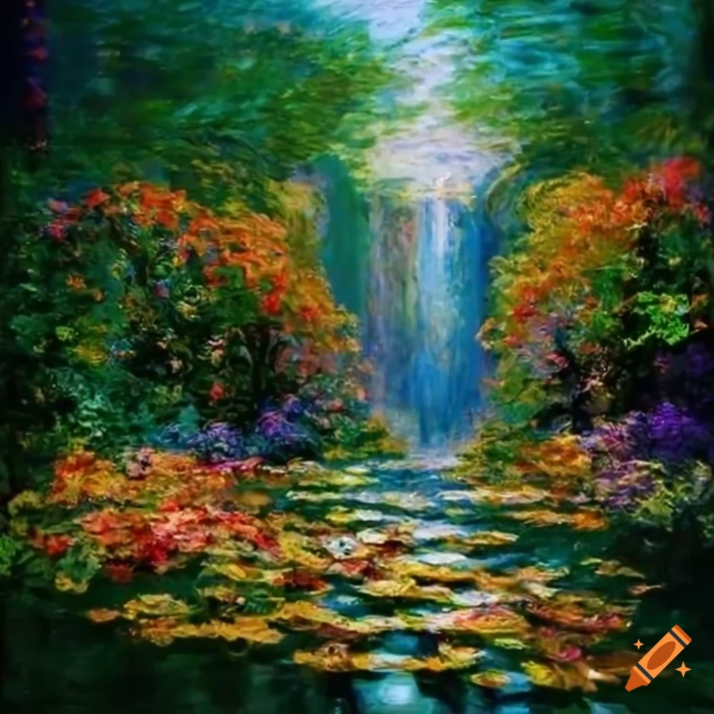 Victorian garden painting with angel statues and waterfall on Craiyon